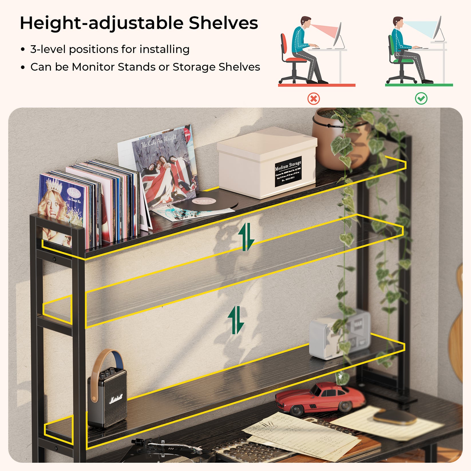 Huuger 47 inch Computer Desk with Adjustable Shelves, Gaming Desk with